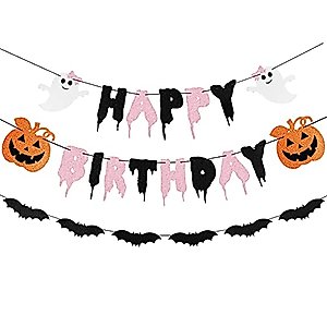 Pink Black Halloween Happy Birthday Banner and Halloween Bats Garland Happy Birthday Halloween Banner for Pink Black Girls Halloween Birthday Decorations