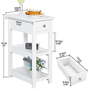 SEJOV End Table, 3-Tier White Nightstand with Drawer and 2 Shelves, Wood Look Accent Narrow Side Tables Living Room Bed Room Office, White