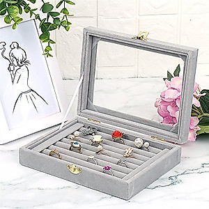 Velvet Glass Jewelry Ring Display Stand Storage Box Ring Earrings Jewelry Box Ring Holder Case (Grey)