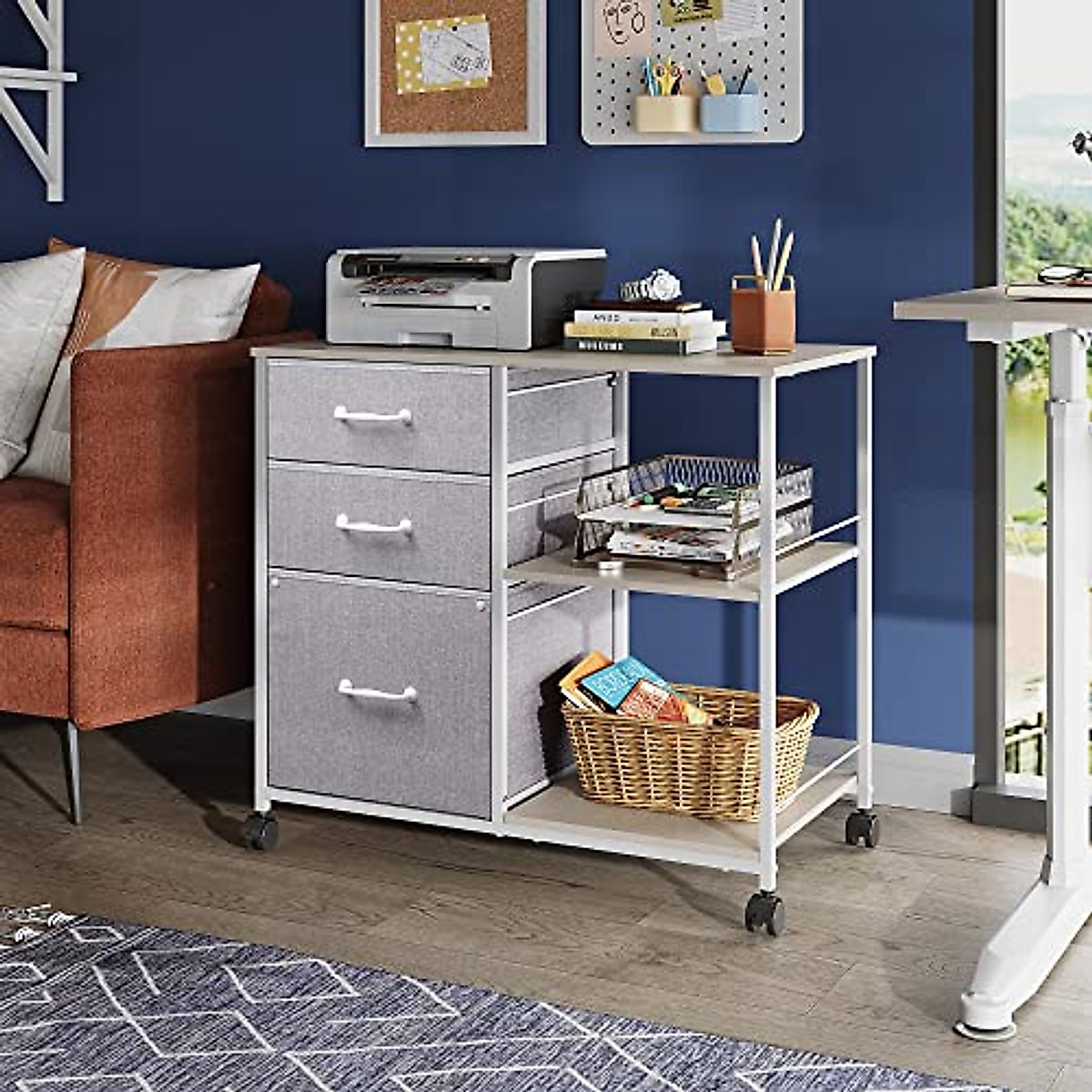 DEVAISE 3 Drawer Mobile File Cabinet, Rolling Printer Stand with Open Storage Shelf, Fabric Lateral Filing Cabinet fits A4 or Letter Size for Home Office, Light Grey