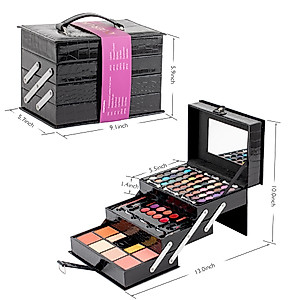 Maùve Professional Leather Train Case with Mirror Makeup Kit (Eyeshadow, Blushes, Powder, Lipstick & More) Holiday Exclusive MU12 (BLACK)