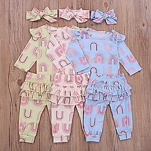 Newborn Baby Girl Rainbow Outfits Ruffled Romper Bodysuit Cake Smash Pants Headband Fall Winter Clothes Set (Beige, 12-18 Months)