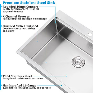 BoomHoze 33-inch Kitchen Sinks, 33x22 Drop In Kitchen Sink 304 Stainless Steel Sink Single Bowl Top Mount Workstation Kitchen Sink 16 Gauge Handmade Deep Kitchen Sink with Cutting Board