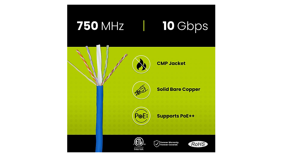 trueCABLE Cat6A Plenum Ethernet Cable 1000ft Blue | PoE++ Support