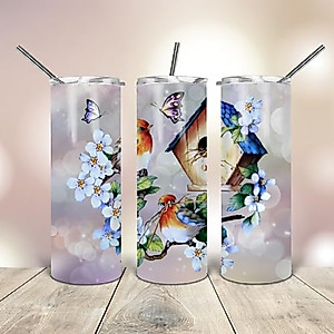 Sungalaxy Birds Flowering Branches Skinny Tumbler, Vintage Floral Bird Insulated Vacuum Skinny Tumbler with Lid, Gifts for Women Friend Birthday (30 oz)
