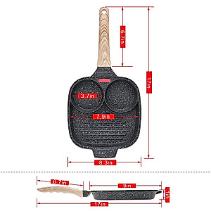 Bobikuke Egg Pan, Egg Frying Pan, Fried Egg Pan with Lid Nonstick 3 Section Pancake Pan Divided Pan for Breakfast,Gas & Induction Compatible, 8.3 Inch