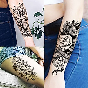 Shegazzi 63 Sheets 3D Flower Temporary Tattoos For Women Girl, 12 Sheets Realistic Sexy Rose Peony Floral Fake Tattoo Sticker Adult, 52 Sheets Small Black Snake Letter Anchor Infinity Tatoos Neck Arm