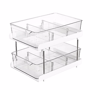 Lille Home 2-Tier Clear Organizer with Sliding Storage Drawers/Baskets, with Handles and Dividers for Kitchen, Under Sink, Bathroom, and Office, BPA Free