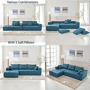 110" Cloud Modular Sectional Sofa, Linen L-Shape Freedom Combination Sofa with Reversible Chaise, Comfy Deep Seat Floor Living Room Sofa Couch with 3 Pillows for Apartment Office (Blue)
