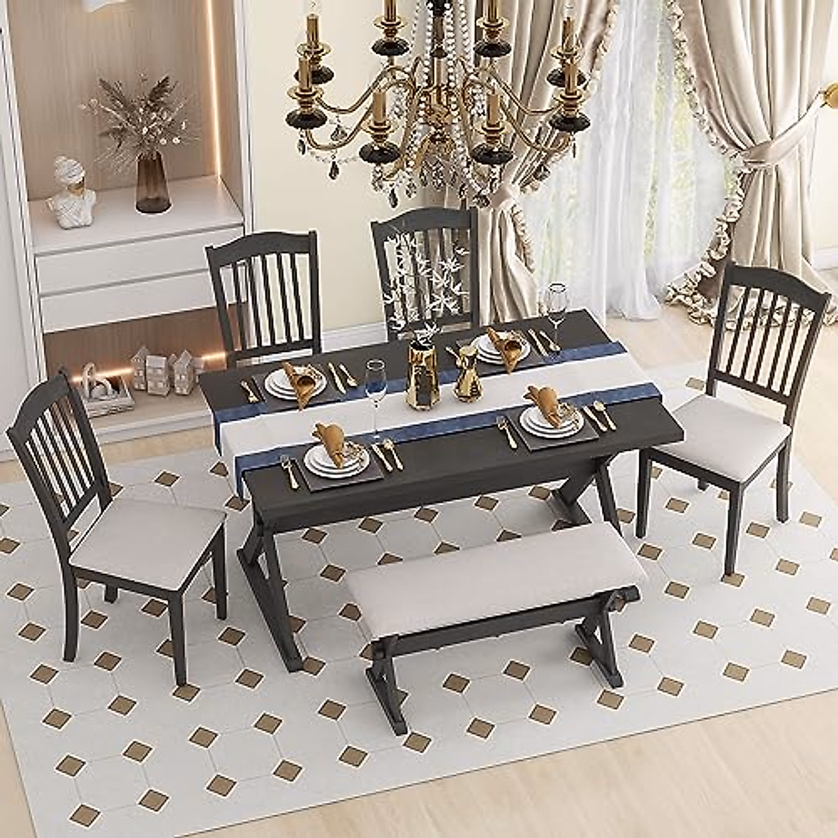 HAUSHECK Rectangular Table with X-Frame Legs, Upholstered Bench & Chair with Hollowed Backrests, Padded Cushion, Modern Rustic Style Home Furniture, Kitchen & Dining Room Sets for 6, Gray