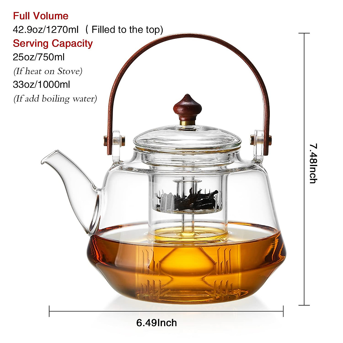 DOPUDO 1250ml/ 42oz Glass Teapot for Loose Tea Leaves, Glass Tea Kettle with Removable Infuser, Heat Resistant Wood Handle for Blooming Flower Tea Pot
