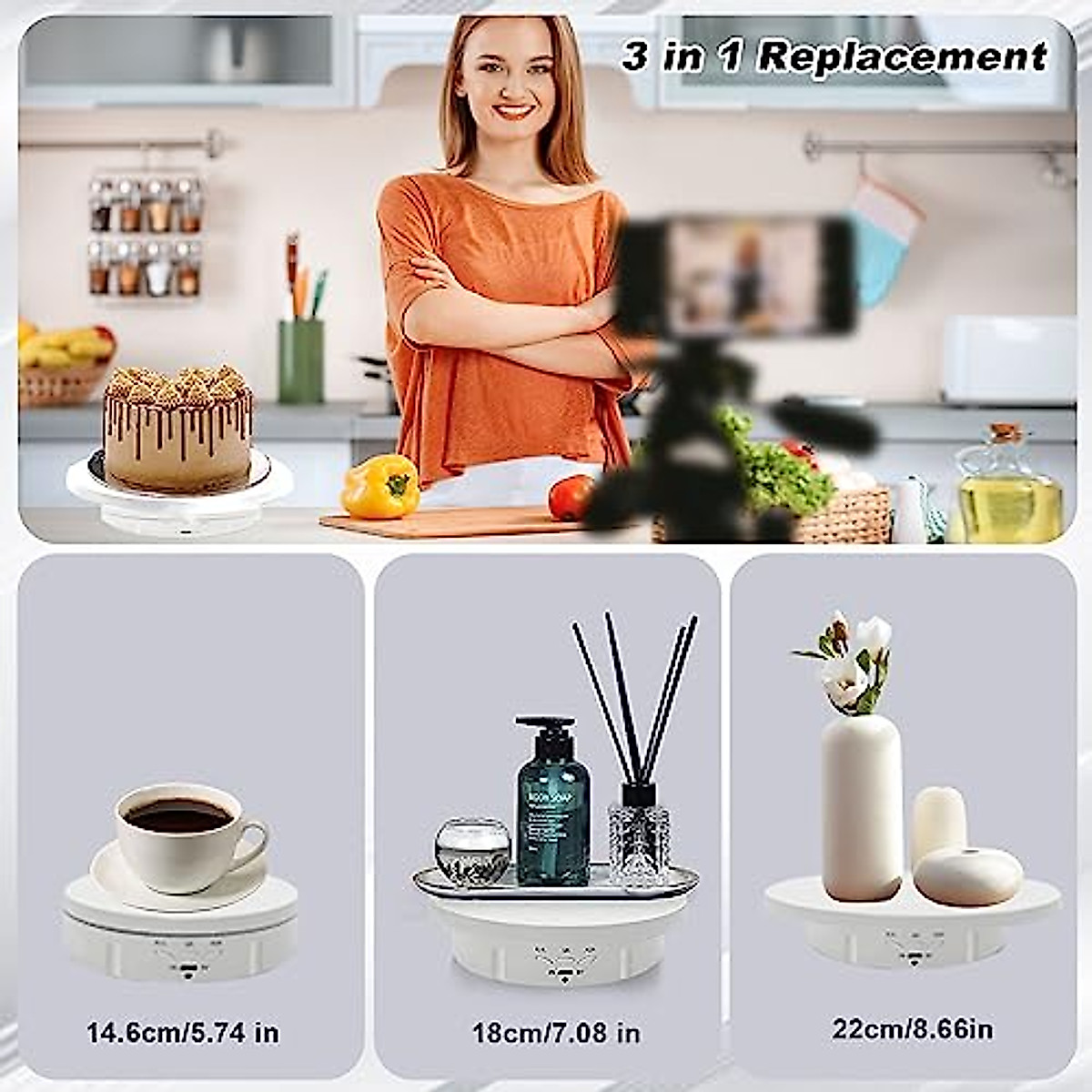 Remote Motorized Rotating Display Stand,3 in 1 Turntable Motorized White Lazy Susan with 5.74/7.08/8.66 inch Replacement Cover for Photography Products and Craft Shows（3 Modes