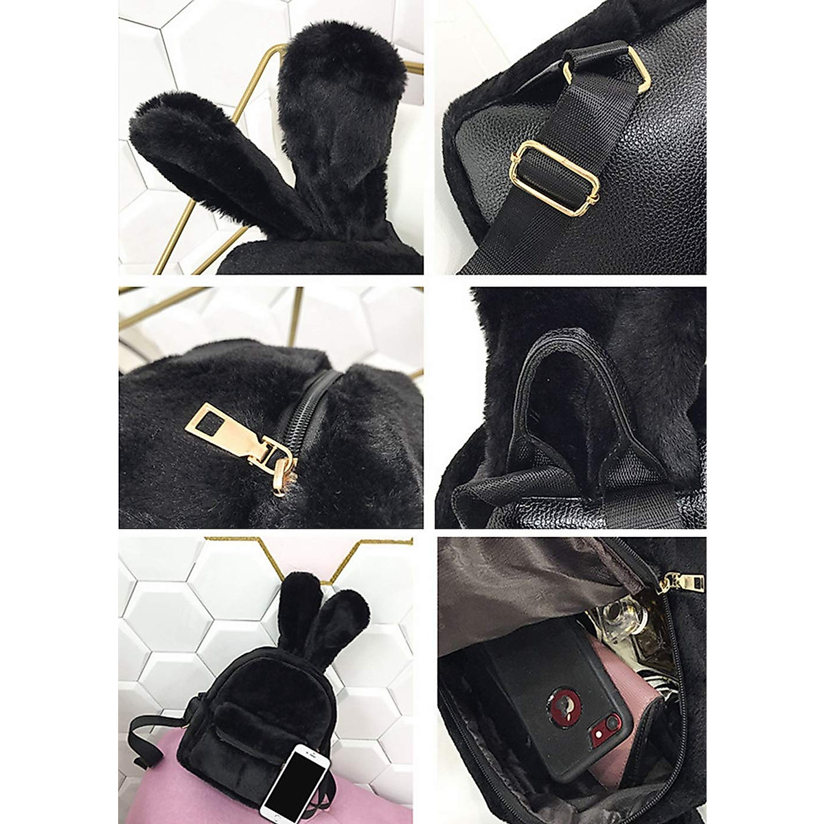 Bunny Backpack, Mini Fur Backpack Cute Rabbit Ear Satchel Shoulder bag Purse Plush Handbags for Women