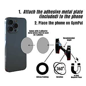 GymPal Magnetic Phone Mount Holder - Dual Magnetic Gym Phone Holder for Working Out Videos - Double Sided Strong Magnet with 360 Degree Rotation - Fits Any Smart Phone