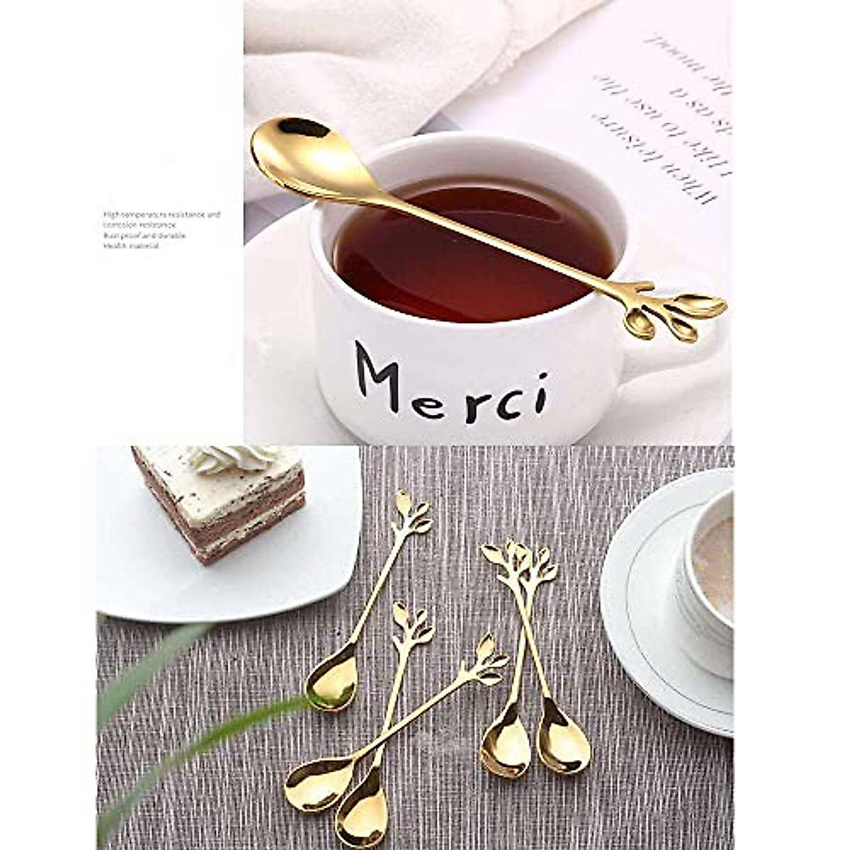 Demitasse Espresso Spoon Set of 6 Leaf Specialty Spoons Stainless Steel Teaspoons Mirror Polishing Coffee Spoons for Dessert Sugar Tea Appetizer (Gold)