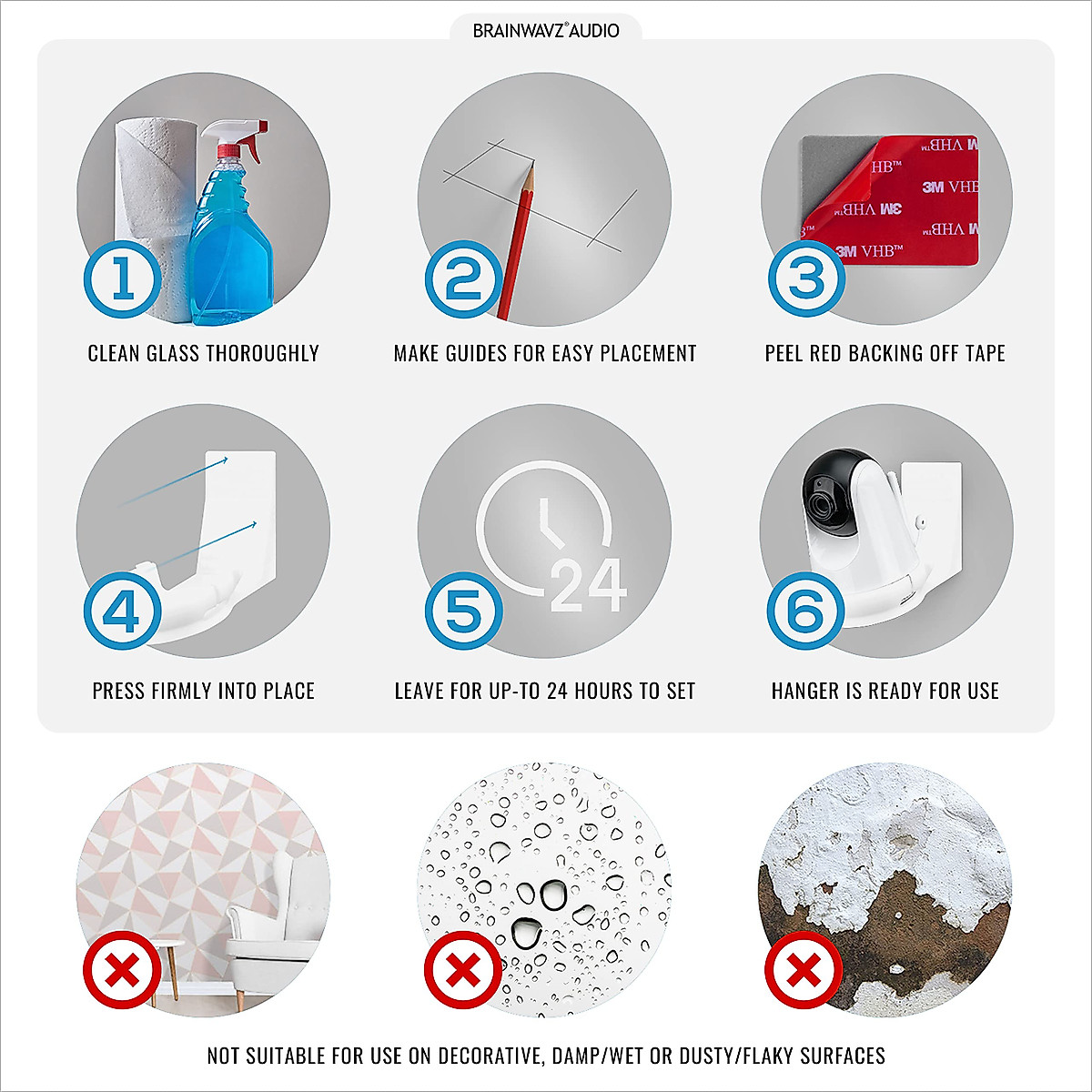 BRAINWAVZ Adheasive Wall Mount for VAVA Baby Monitor Camera (VA-IH006) Shelf - No Screws, Easy to Install, No Mess, Strong Mount Holder, White