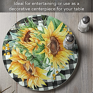 CounterArt Sunflower Fields 4mm Heat Tolerant Tempered Glass Lazy Susan Turntable 13" Diameter Cake Plate Condiment Caddy Pizza Server
