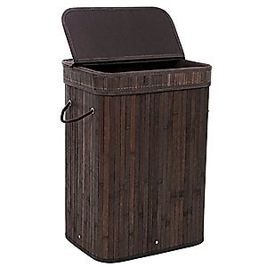 SONGMICS Bamboo Laundry Hamper Storage Basket Foldable Dirty Clothes Hamper with Lid Handles and Removable Liner Rectangular Dark Brown ULCB10B