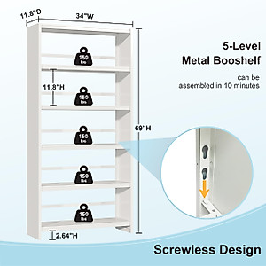 CBNTKI 69" White Bookshelf, 5 Tier Tall Bookcase with Bookend, Large Metal Book Shelf Display Storage Shelves for Bedroom Living Room Office