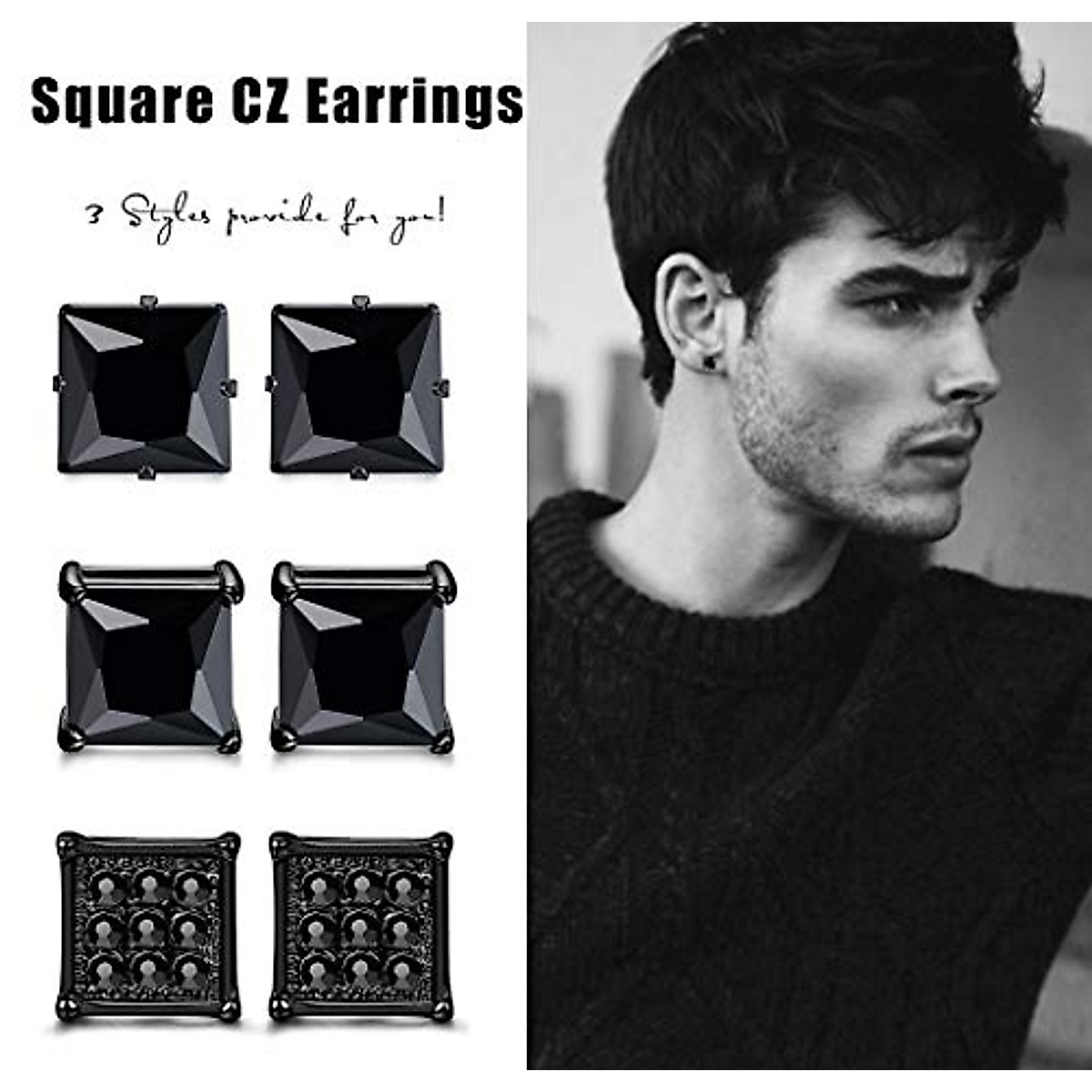 FIBO STEEL 10 Pairs Stainless Steel Black Stud Earrings for Men Women Huggie Earring Ear Piercing Set Hoop