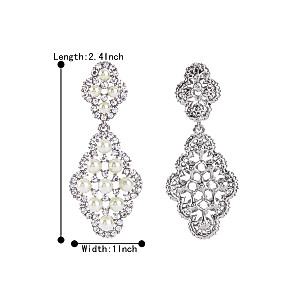 BriLove Wedding Bridal Simulated Pearl Earrings for Women Crystal Hollow Rhombus Chandelier Dangle Earrings Clear Silver-Tone Ivory Color