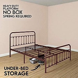 AMBEE21 Vintage Full Metal Bed Frame with Headboard and Footboard Platform/Wrought Iron/Heavy Duty/Solid Sturdy Metal Slat/Rustic Brown/No Box Spring Needed/Industrial & Farmhouse