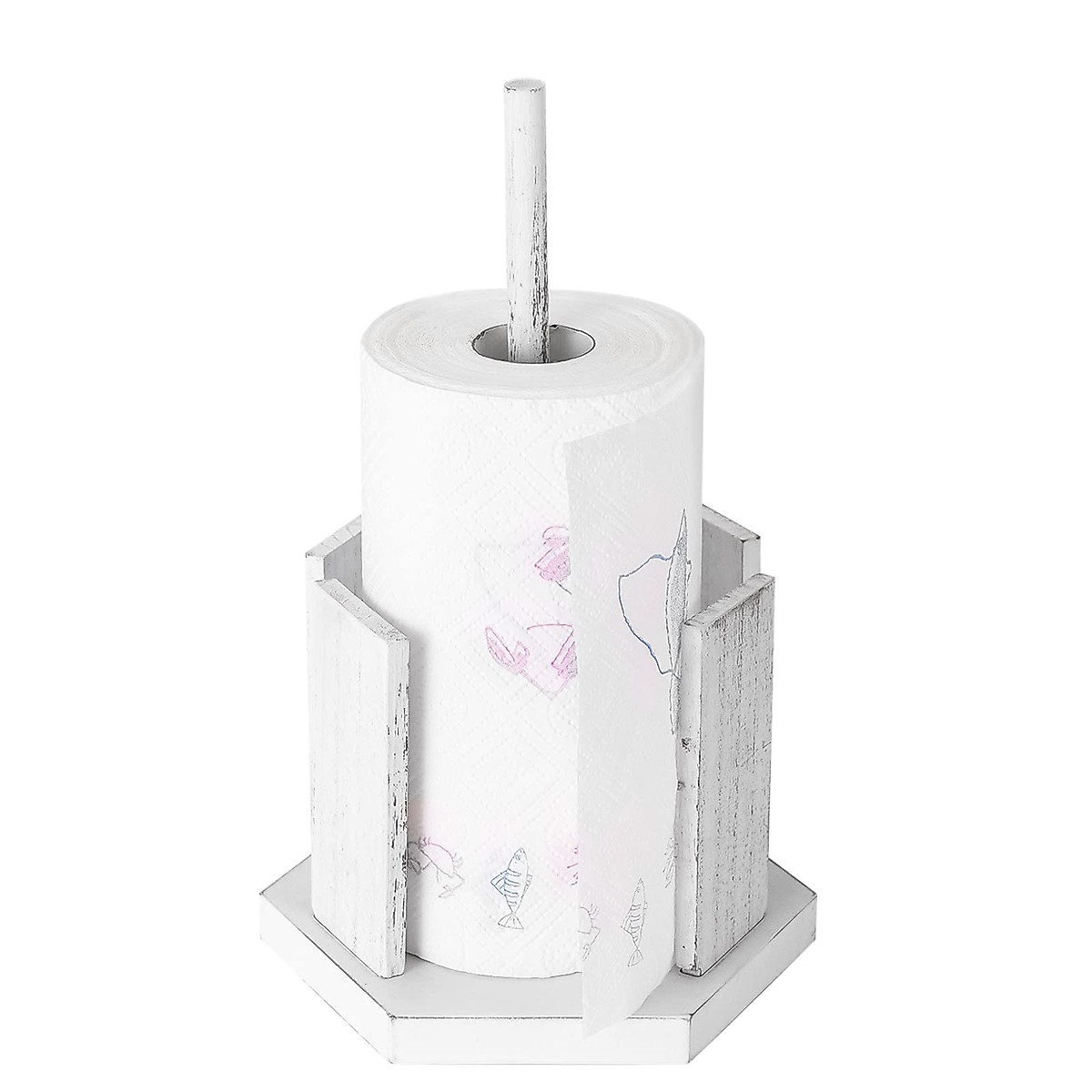 ScarFio Paper Towel Holder Stand with Heavy Duty Wood Base, White Farmhouse Standing Paper Towel Roll Dispenser for Kitchen Countertop fits Standard and Jumbo Size Paper Towels,Kitchen Paper Rack