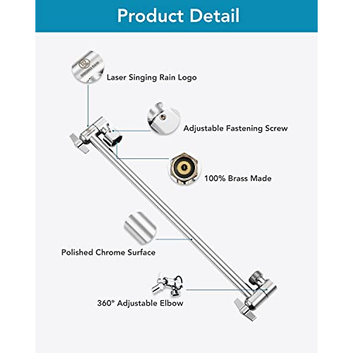 15 Inch Extra Long Adjustable Shower Head Extension Arm With Locking Set Screw, Singing Rain Solid Brass Chrome Finish Angle Height Adjustable, Easy To Install, G1/2 Universal Connector Compatible
