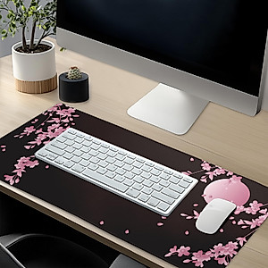 Sakura Cherry Blossom Extended Gaming Mouse Pad Non-Slip Rubber Base Pink Large Mousepad 31.5x11.8in with Stitched Edge Waterproof Flower Keyboard Pads Black Desk Laptop Mats for Work/Game/Office
