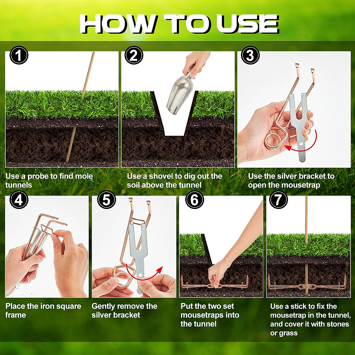 Qualirey 8 Pcs Outdoor Mole Trap Wire Tong Safe Effective Underground Spring Trap for Weather Resistant Work Mouse Wildlife Animal Control Supplies Commercial Residential Backyards Garden Flower Beds