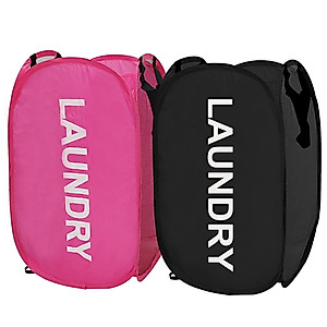 Larpur Pop Up Laundry Baskets, 2 Pack Mesh Laundry Hampers Collapsible Clothes Hampers for Home, Dorm, Travel (Black + Pink)