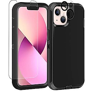 Shockproof iPhone 13 Case with [Tempered Glass Screen Protector+Camera Lens Protector] Military Grade Drop Protection Heavy Duty Protective Cover for Apple iPhone 13 6.1" Black