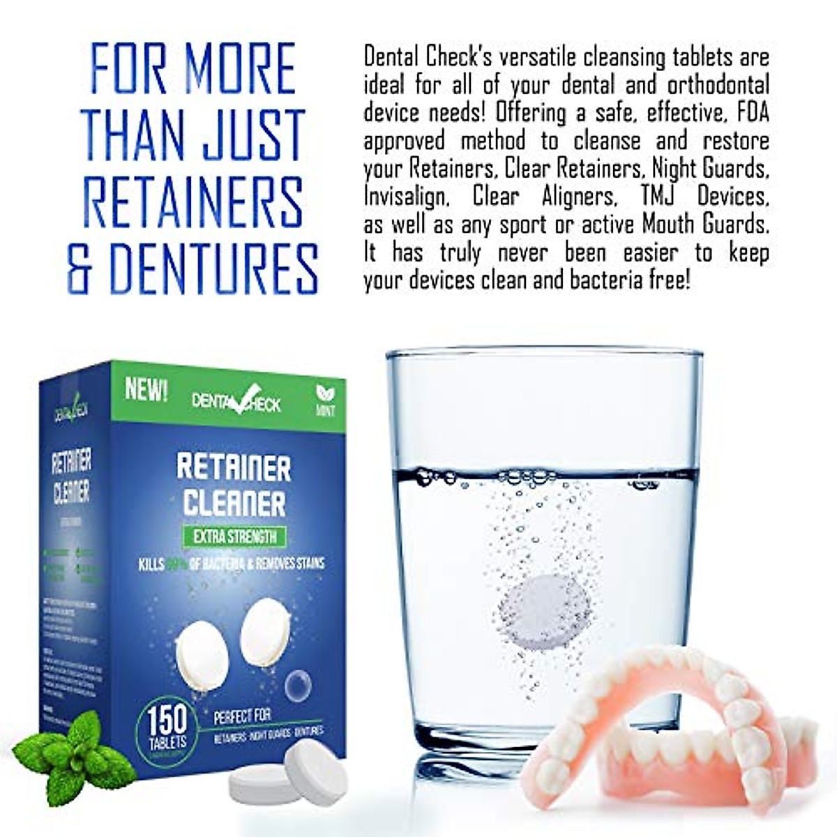 Retainer and Denture Cleaner 150 Tablets, 5 Month Supply Cleaning Tablets Denture Cleaners Remove Bad Odors, Plaque, Stains From Night Guards, Mouth Guards, Dental Appliance