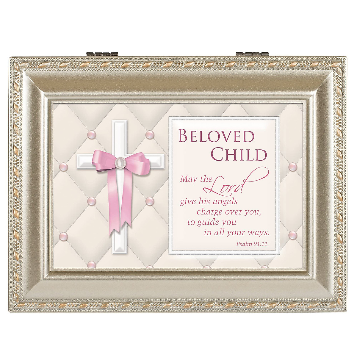 Cottage Garden Beloved Child Champagne Silver Rope Trim Music Box Plays Jesus Loves Me