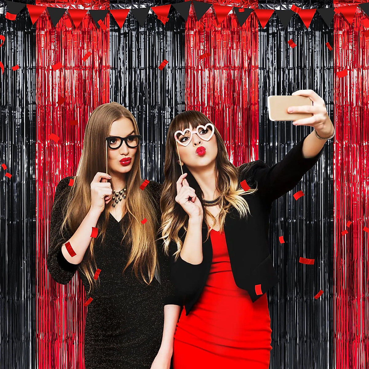 6 Pack 3.3Ft x 6.6Ft Graduation Foil Fringe Curtain Backdrop Decorations, Red Black Metallic Tinsel Foil Streamers Curtain Photo Booth Background for Graduation Prom Wedding Birthday Party Decorations