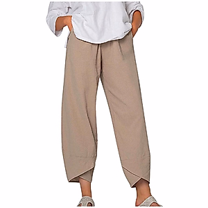 WUAI-Women Casual Drawstring Loose Palazzo Yoga Harem Pants Capri Plus Size Boho Cotton Linen Cropped Wide Leg Beach Trousers(Khaki,X-Large)