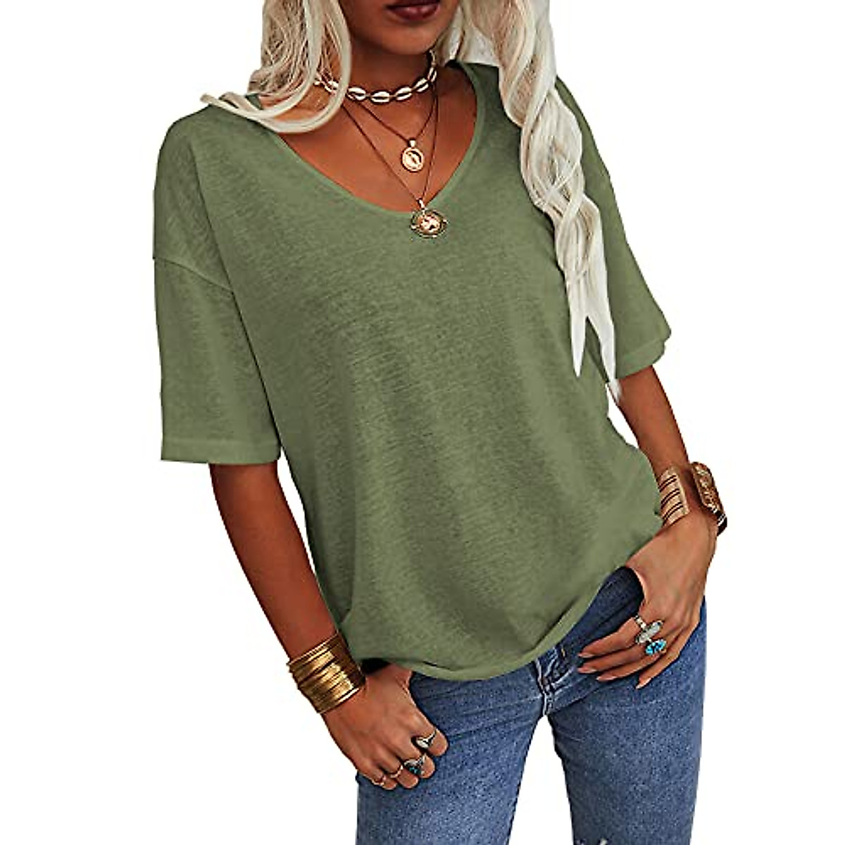 Danedvi Women Fashion V-Neck Half Sleeves Oversized T Shirt Solid Casual Loose Basic Tops Army Green