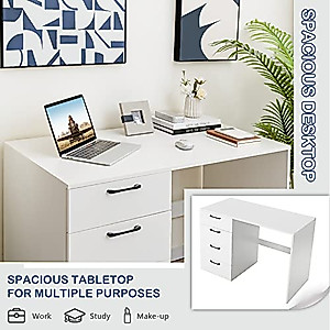 Tangkula White Desk with 4 Storage Drawers, Home Office Writing Desk, Modern Executive Desk, Laptop PC Desk, Vanity Makeup Table, Computer Workstation for Bedroom, Study Room, Office