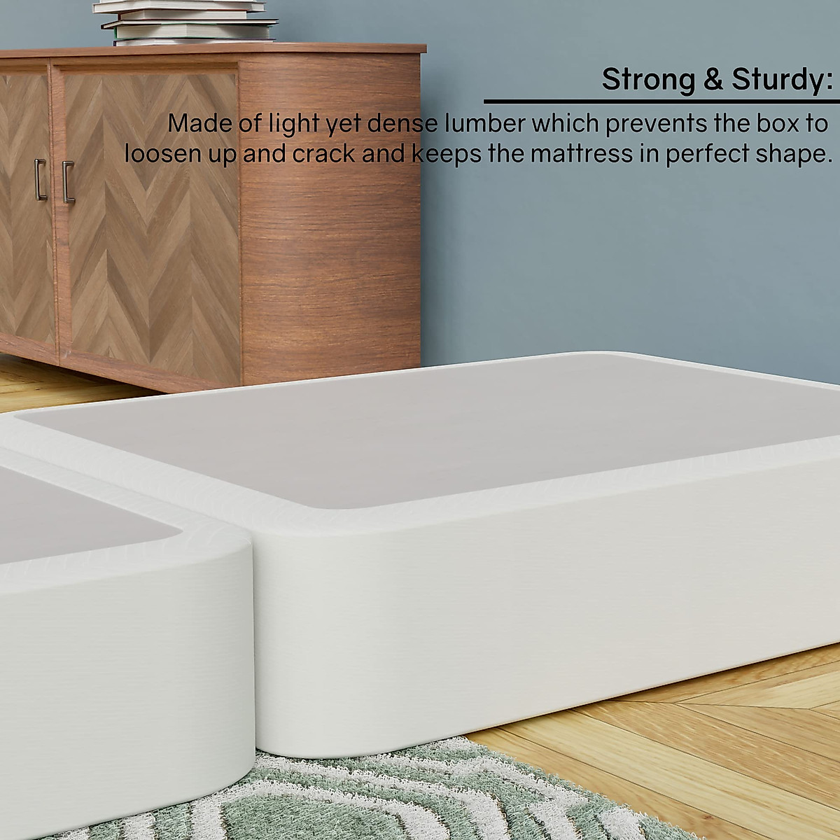 Mattress Solution 4-Inch Sturdy Box Spring for Mattress Support-Durable and Fully Assembled, Natural Wood Foundation for Queen, White