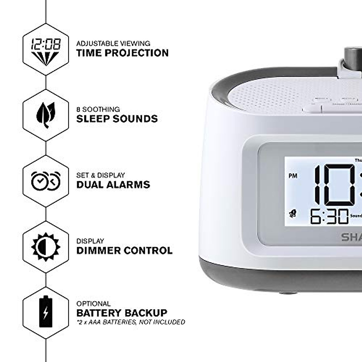 SHARP Projection Alarm Clock with Soothing Nature Sleep Sounds – Easy to Read Projection on Wall or Ceiling – 8 Sleep Sounds to Help Fall Asleep Faster, White Case with Gunmetal Trim