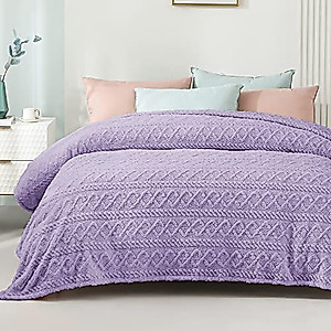 Whale Flotilla Jacquard Fuzzy Fleece Fluffy Bed Blanket Queen Size(90x90 Inch), Velvet Microfiber Bedspread, Warm and Soft Bed Blanket for All Season, Lilac
