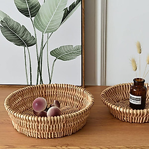 Healthy Fresh Rattan Basket 100% Natural Handwoven Deep Wicker Round Fruit Basket Woven Food Storage Weaved U Organizer Holder Bowl Decor Rack Display Small Flat Bottom Hollow Weaving (Small)