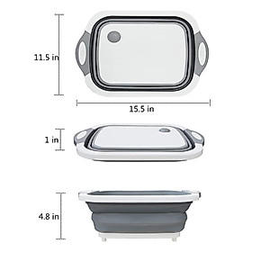 Seagomall Collapsible Cutting Board, Space Saving 3 in 1 Multifunctional Chopping Board, Fruit & Vegetable Container Basket, Washing & Drain Basket for Camping & Picnic & Kitchen, Grey & White, XL
