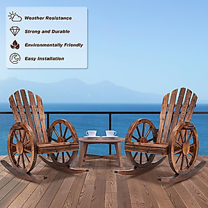 AHB Outdoor Wood Rocking Chair, Wagon Wheel Decor Armrest Yard Glider Rocking Patio Chair with Slatted Design, Adirondack Rocking Chair for Porch Lawn Garden Balcony Poolside, Brown (2 PCS)