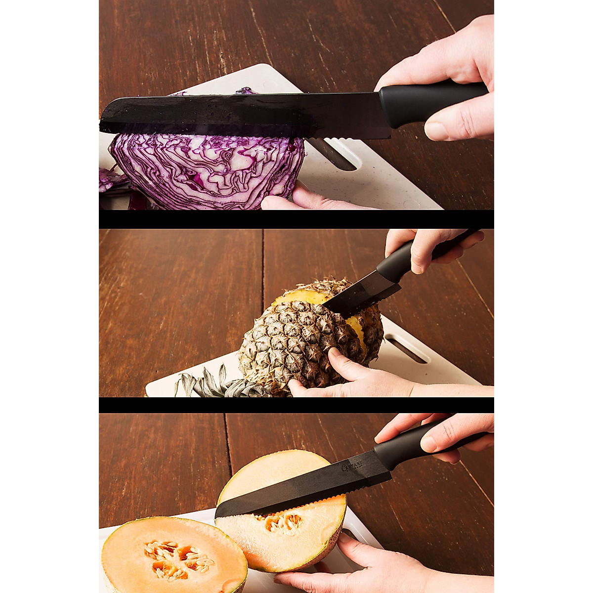 Cestari Advanced Ceramic Knife - Razor Thin Slices -Serrated Bread Knives - Never Needs Sharpening - Black Mirror Finish - Specialty Knives - Tomato Knife with Safety Sheath in Luxury Gift Box