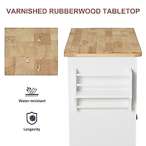 HOMCOM Kitchen Island on Wheels, Rolling Cart with Rubberwood Top, Spice Rack, Towel Rack and Drawers for Dining Room, White