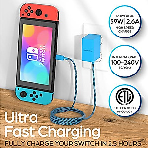 Neptune Premium Gaming Charger - Compatible with Nintendo Switch/Switch Lite/Switch OLED, Android, Supports Nintendo Switch Dock 15V2.6A Fast Charger 5FT Type C AC Adapter Cable for Switch… (Blue)