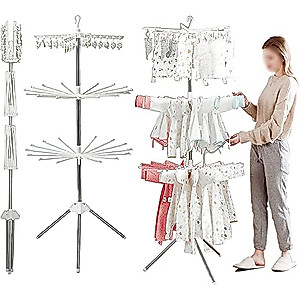 GDAE10 3 Layers White Clothes Rack Stainless Steel Drying Clothes Rack Rotatable and Foldable Clothes Rack Easy to Assemble Clothes Rack Suitable for Family Laundry Closet