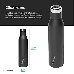 EcoVessel ASPEN Stainless Steel Water Bottle with Insulated Lid, Metal Water Bottle with Rubber Non-Slip Base. Wine Tumbler Reusable Water Bottle - 25oz (Grey Smoke)