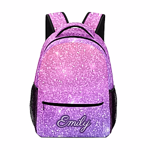 NZOOHY Pink Violet Glitter Custom Kids Backpack 16.5 Inch for Boy Girl, Personalized Waterproof Child School Travel Bag with Name, 16.5 inch X 12.2 inch X 5.9 inch